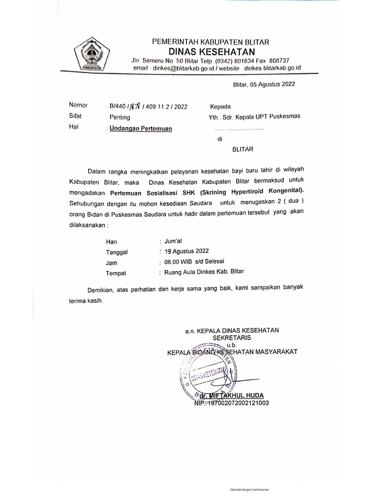 Undangan Pertemuan Sosialisasi SHK 19 Agustus 2022 | PDF