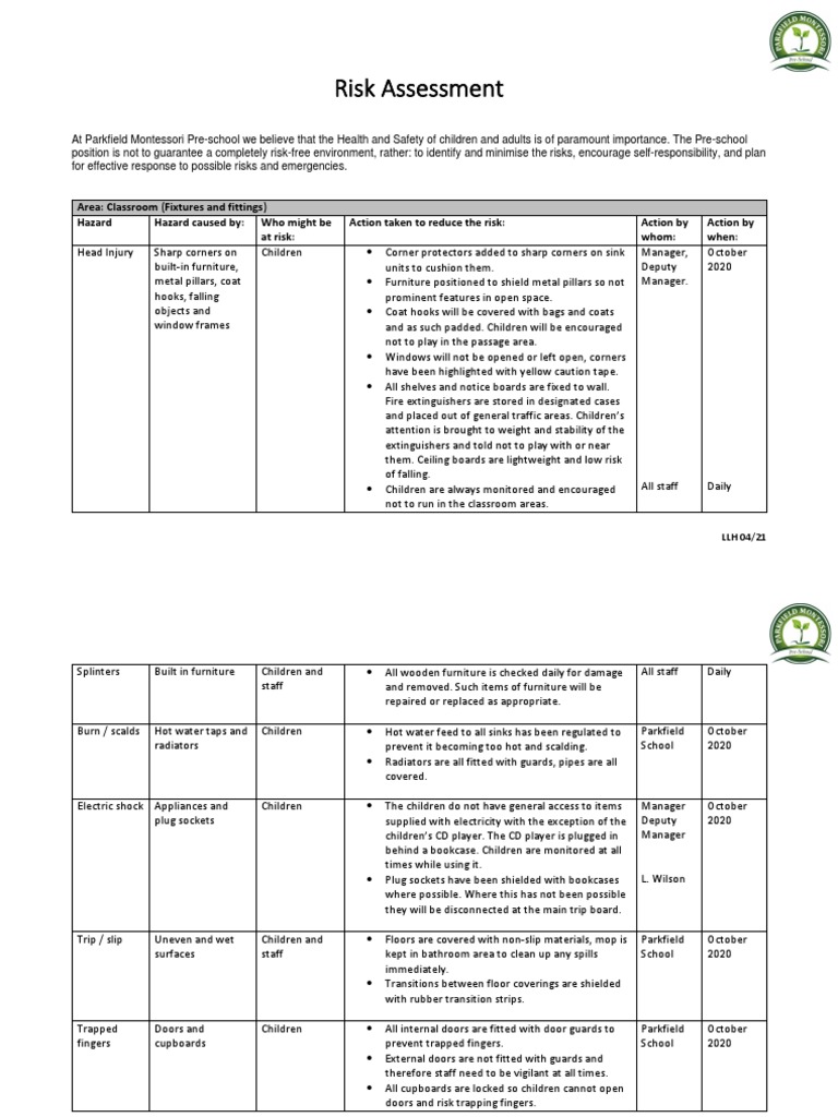 Risk Assessment - Pre School | PDF | Door | Playground