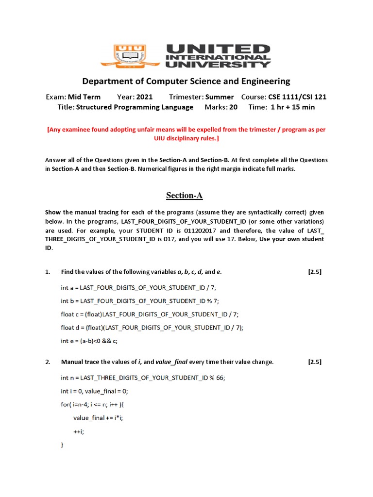 Mid Term Exam Summer 2021 SPL | PDF | Summation | Array Data Structure