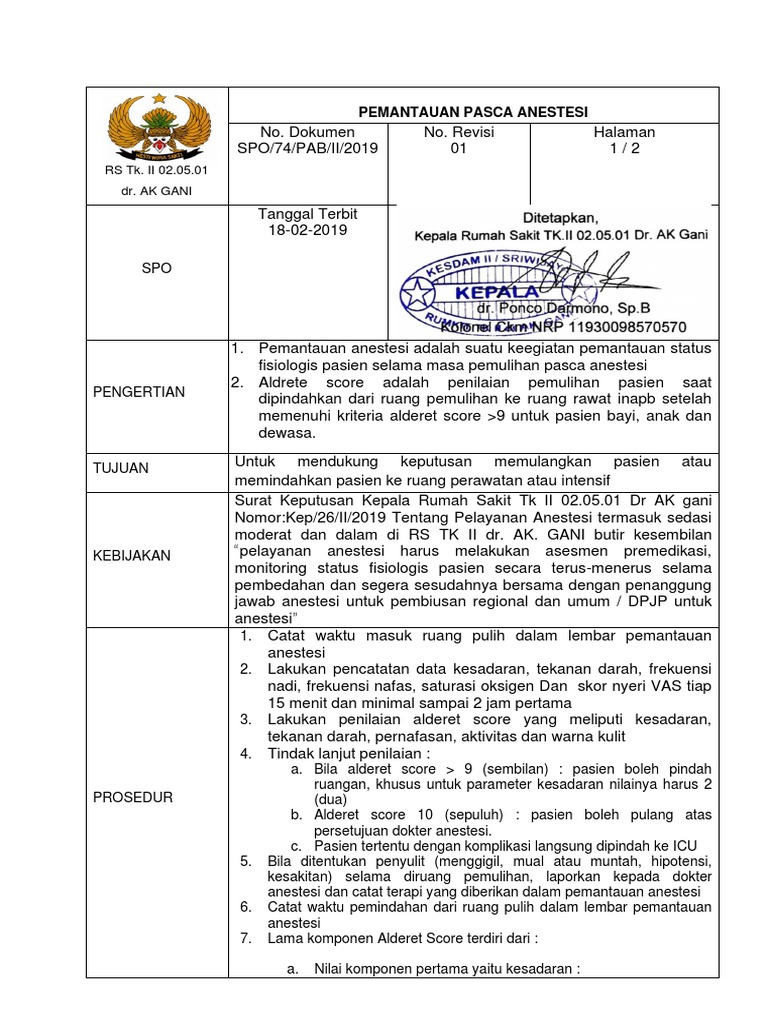 30.spo Pemantauan Pasca Anestesi | PDF