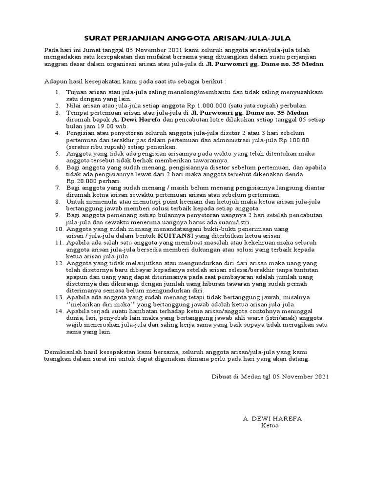 Surat Perjanjian Anggota Arisan | PDF