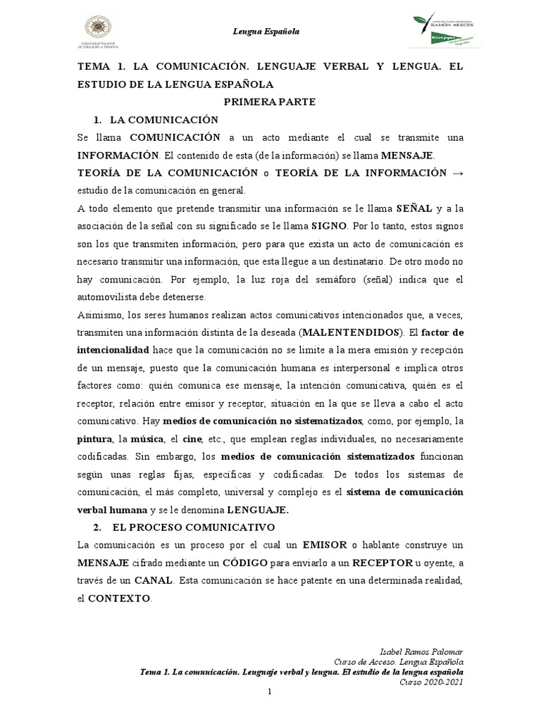 Tema 1. La Comunicación. Lenguaje Verbal y Lengua. El Estudio de La Lengua Española | PDF ...
