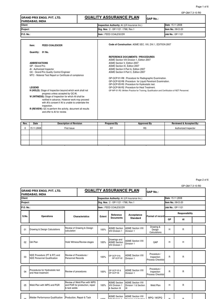 Quality Assurance Plan | PDF | Specification (Technical Standard) | Welding