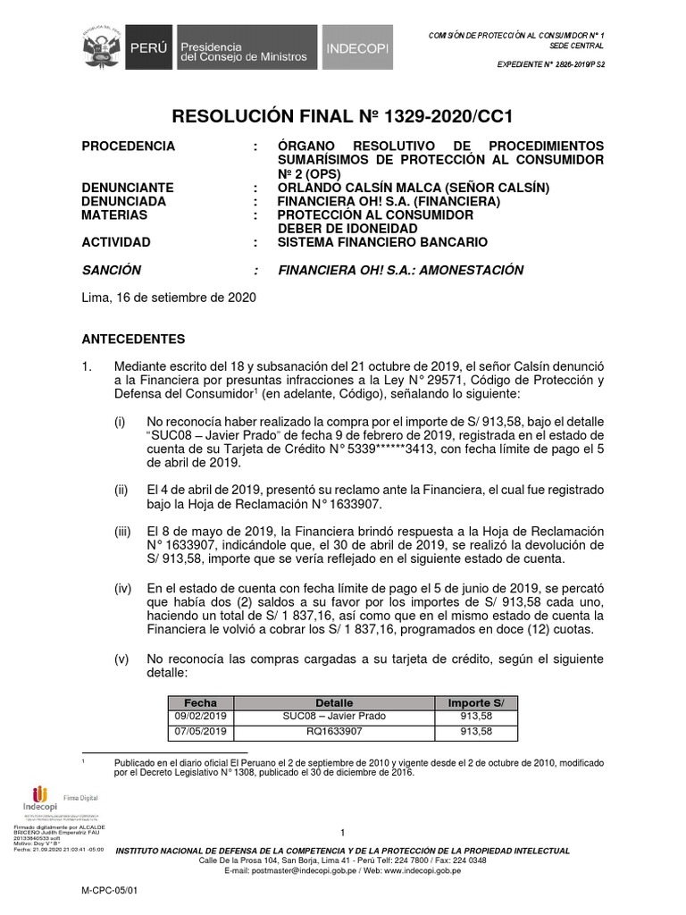 RESOLUCIÓN FINAL #1329-2020/CC1: Sanción: Financiera Oh! S.A.: Amonestación | PDF | Protección ...