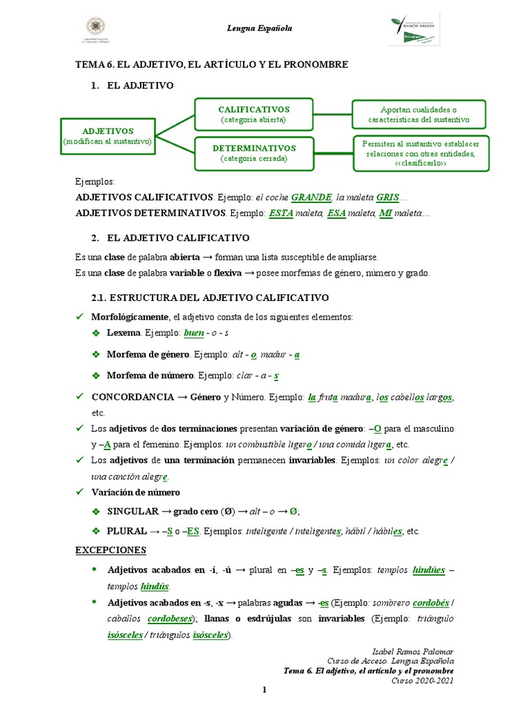 Tema 6. El Adjetivo, El Artículo y El Pronombre | PDF | Adjetivo ...