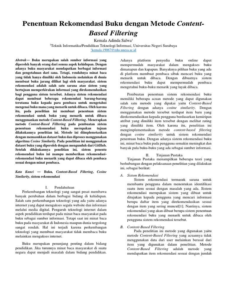 Penentuan Rekomendasi Buku Dengan Metode Content-Based Filtering | PDF