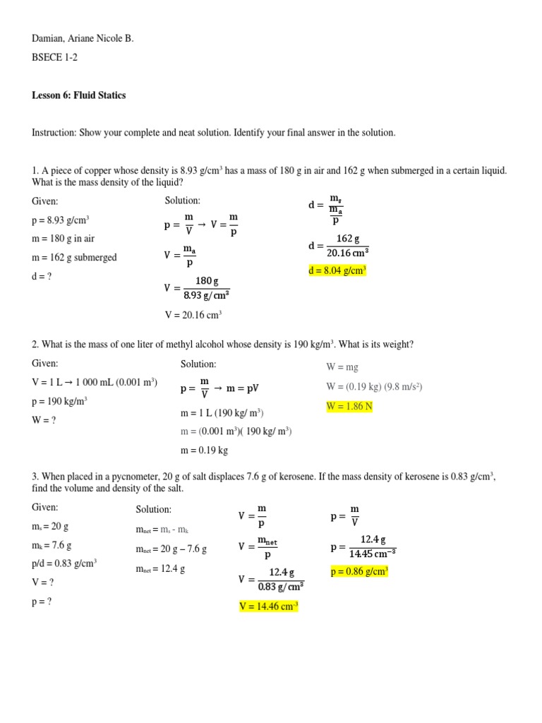 Lesson 6 - Fluid Statics | PDF | Density | Physical Chemistry