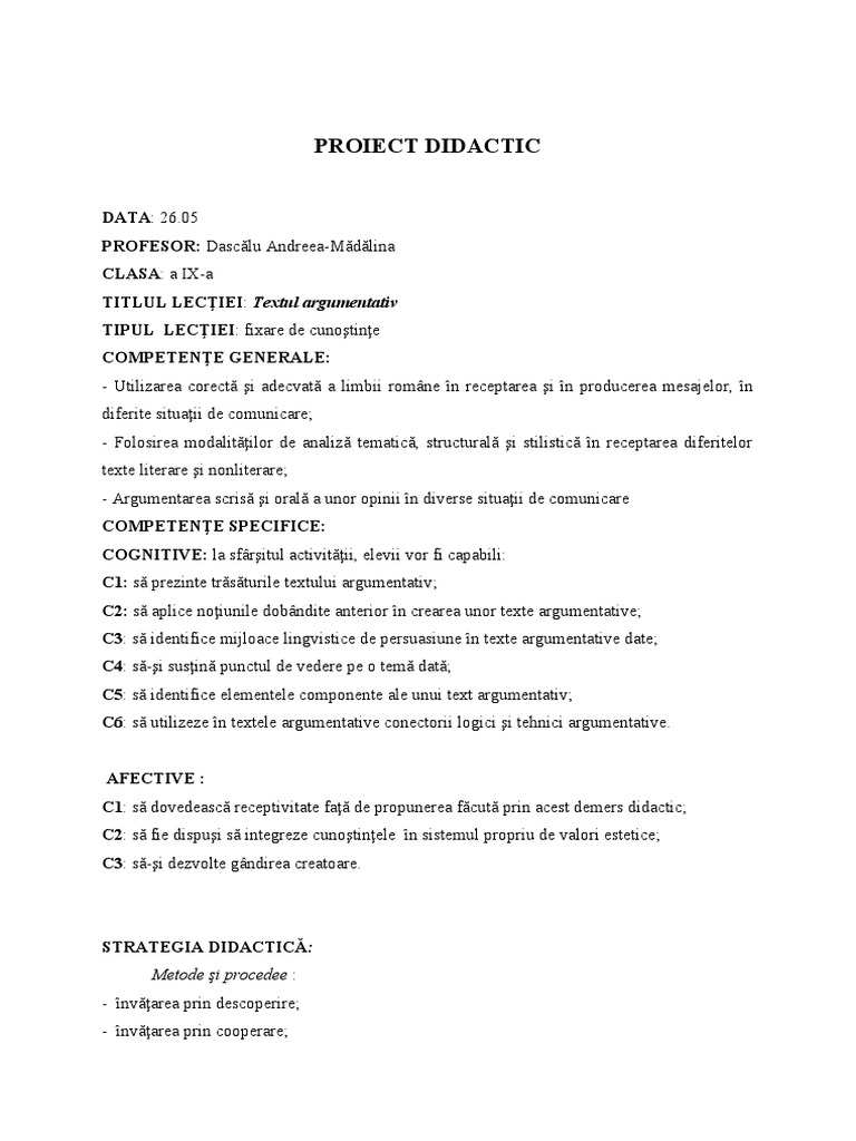 Text Argumentativ Proiect Didactic | PDF