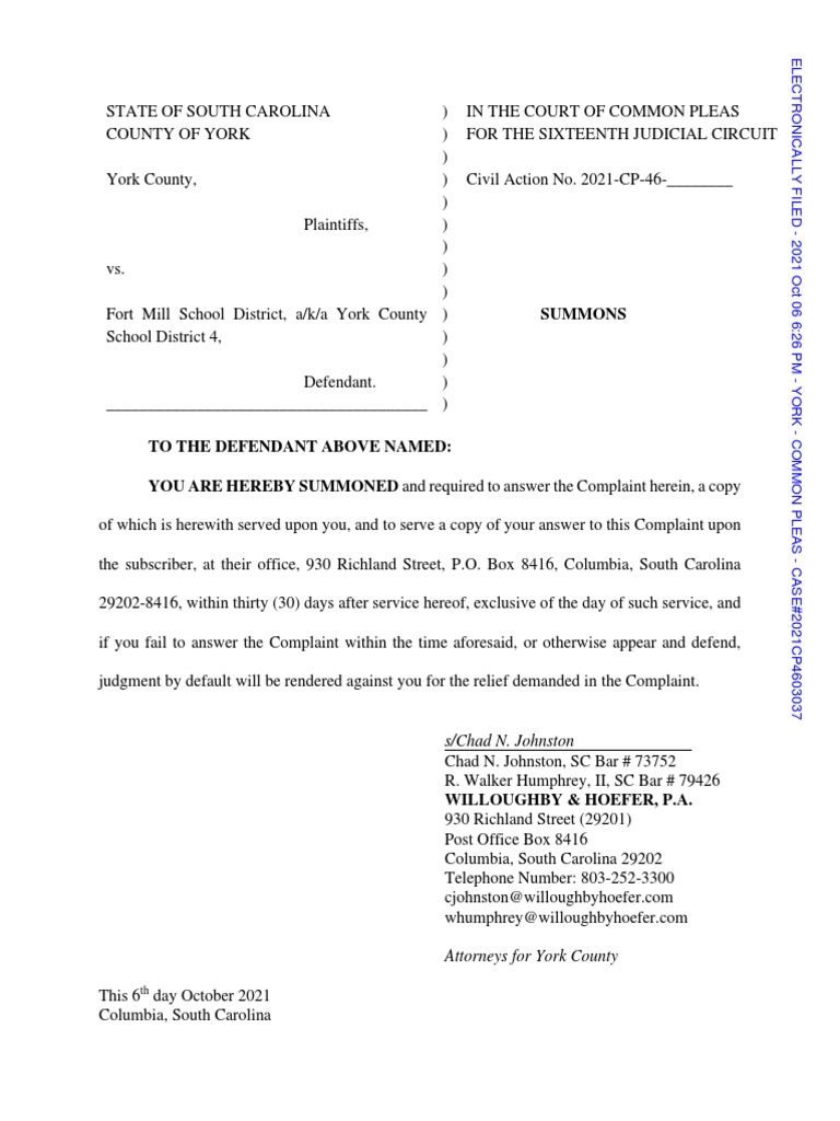 York County vs. Fort Mill School District Case | PDF | Lawsuit | Complaint