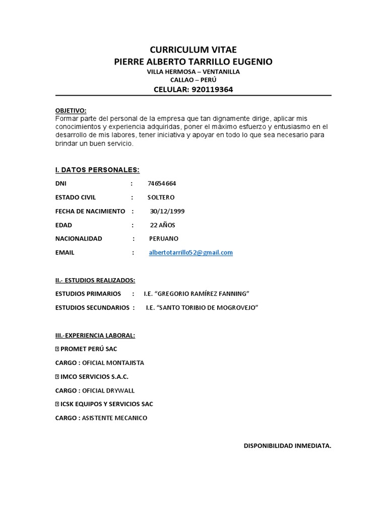 Curriculum Vitae Pierre | Descargar gratis PDF | Perú