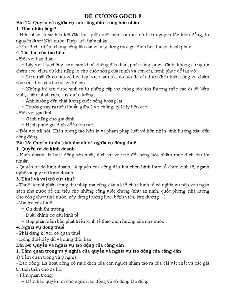 ĐỀ CƯƠNG GDCD 9 | PDF