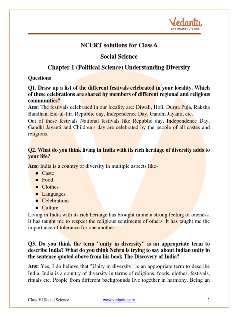 NCERT Solutions For Class 6 Social Science Chapter 1 - Understanding Diversity (Free PDF ...