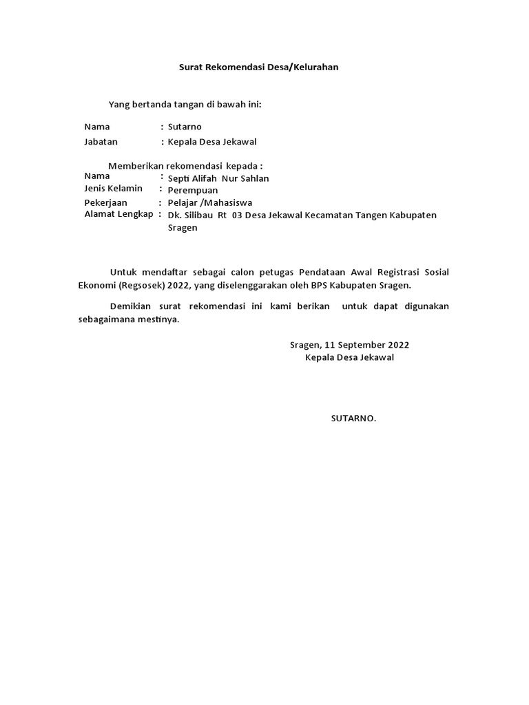 Surat Rekomendasi Desa - Kelurahan | PDF