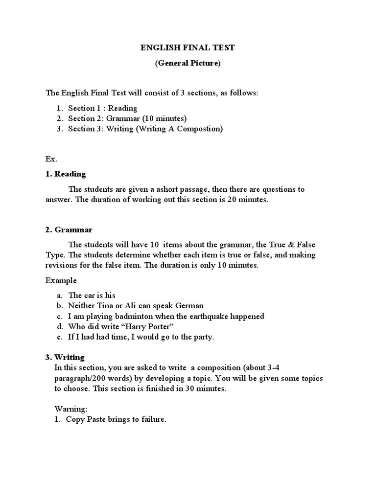 The General Picture of English Final Test | PDF | Foreign Language ...