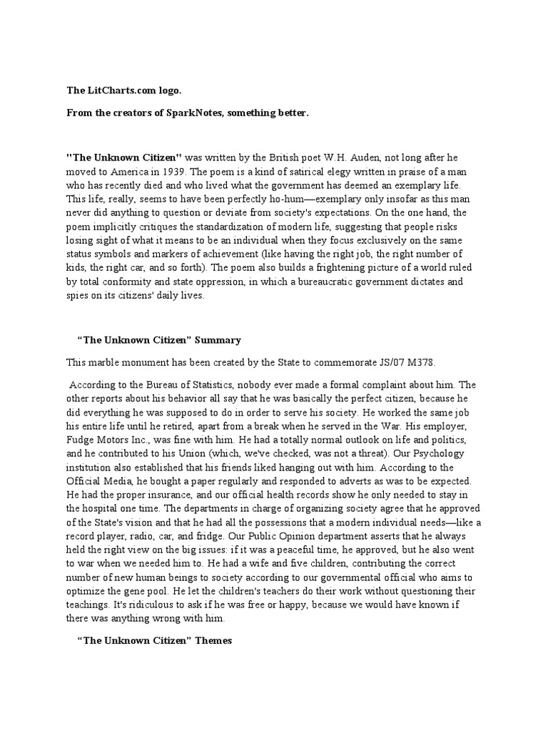 W. H. Auden's The Unknown Citizen | PDF | Poetry | Rhyme