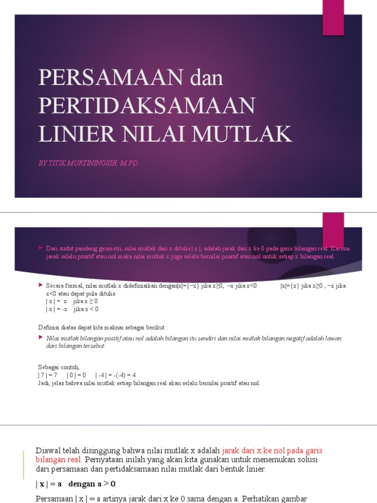 PERSAMAAN Dan PERTIDAKSAMAAN LINIER NILAI MUTLAK | PDF | Metode & Bahan ...