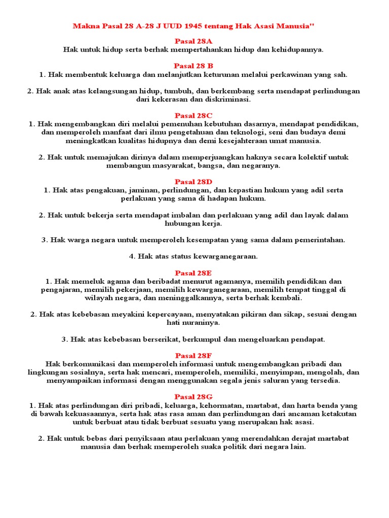 Pasal 28 A-28 J UUD Tahun 1945 Tentang HAM | PDF