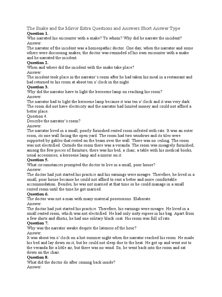 The Snake and The Mirror Extra Questions and Answers Short Answer Type ...
