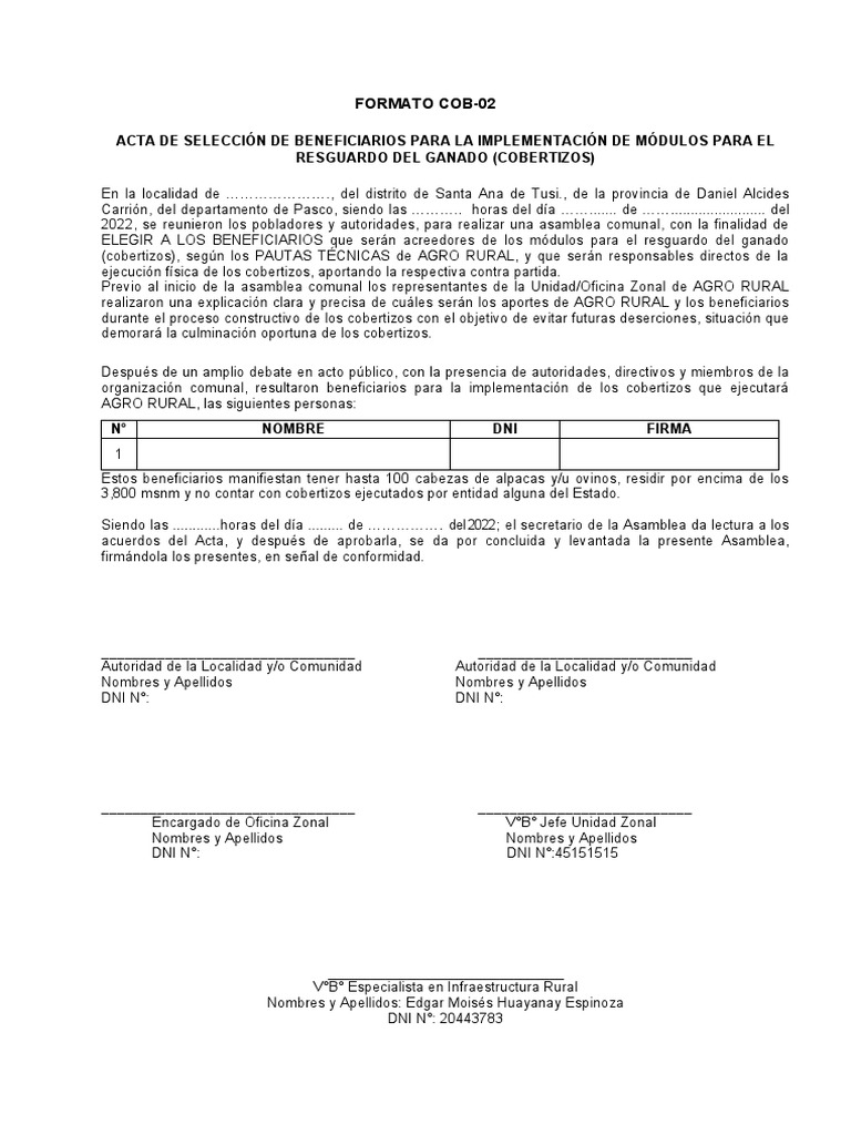 Formato Cob 02 Acta de Seleccion de Beneficiarios | PDF