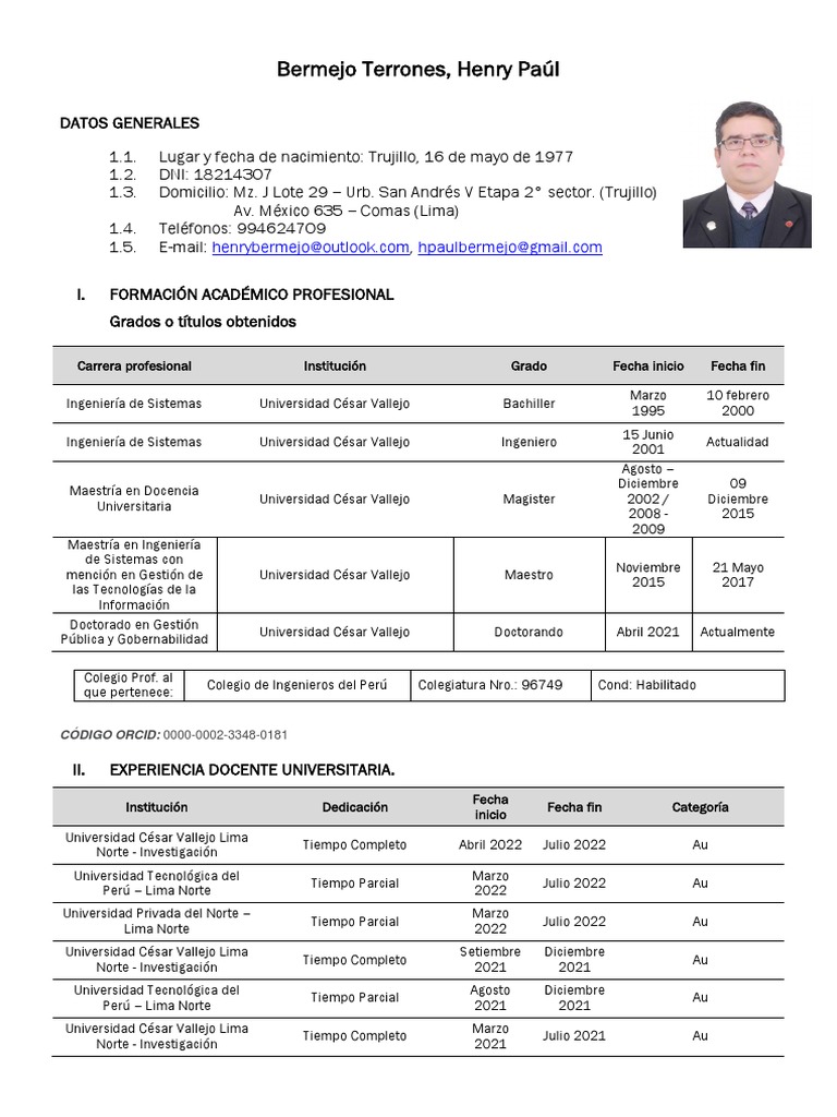 Curriculum Vitae - Ing. Henry Bermejo Terrones - 2022 | PDF | Método de enseñanza | Universidad