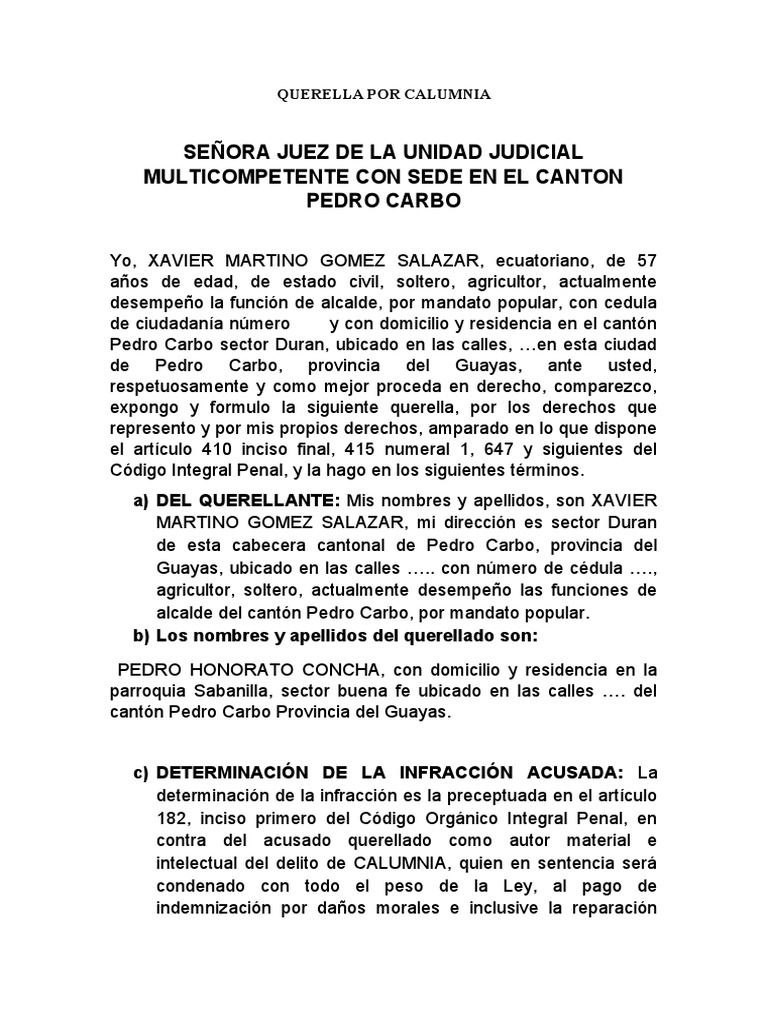 Querella Por Calumnia | PDF | Queja | Ley Pública