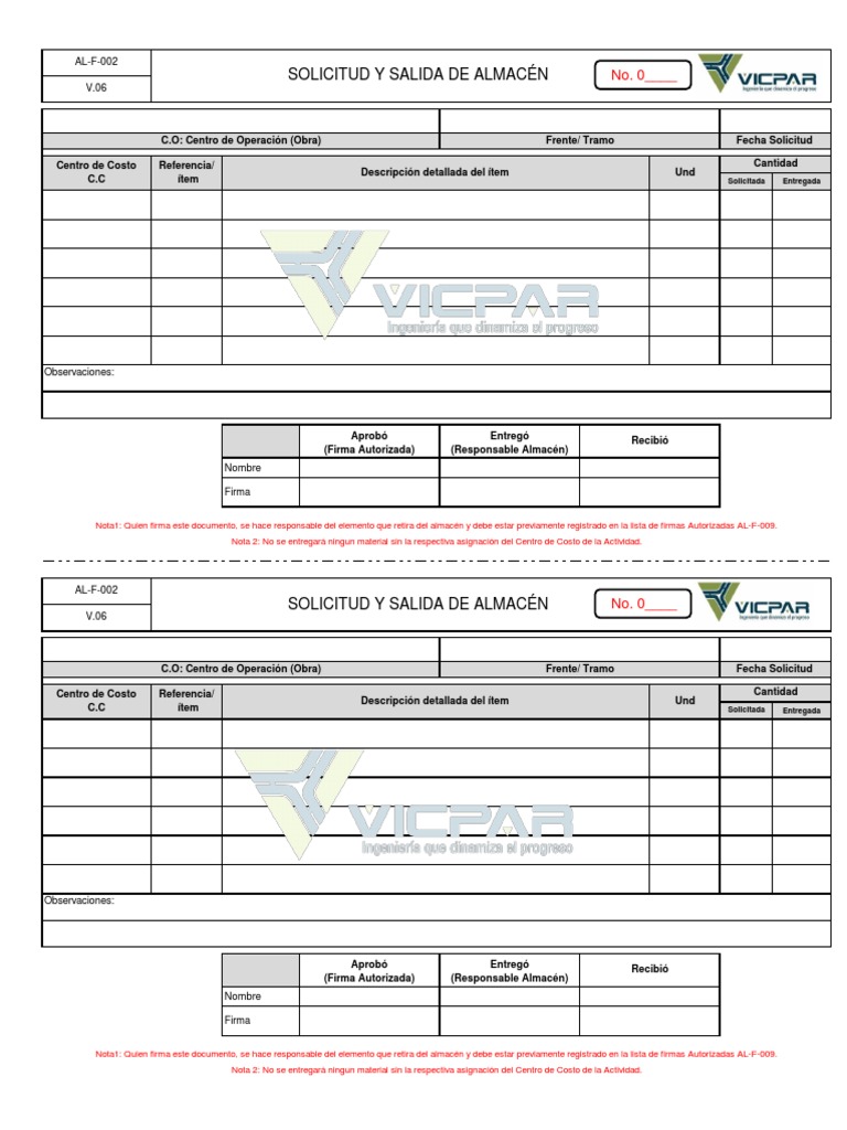 Al-F-002 Solicitud y Salida de Almacén v.6 | PDF