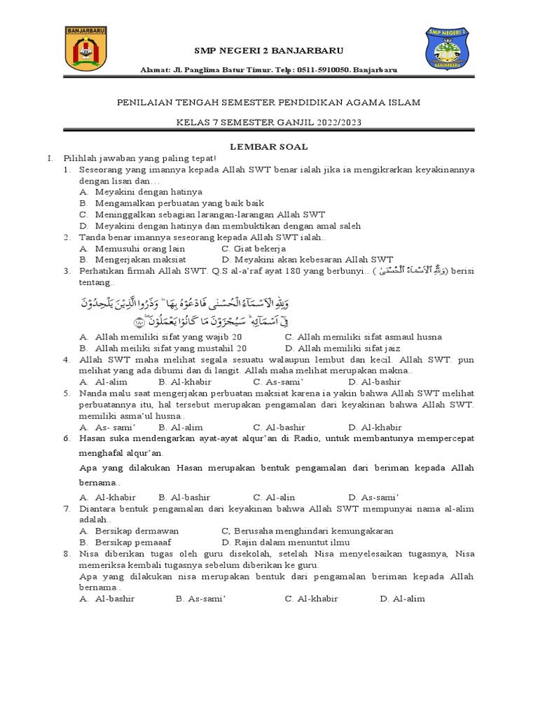 Soal Pts Pai Kelas 7 2022-2023 | PDF