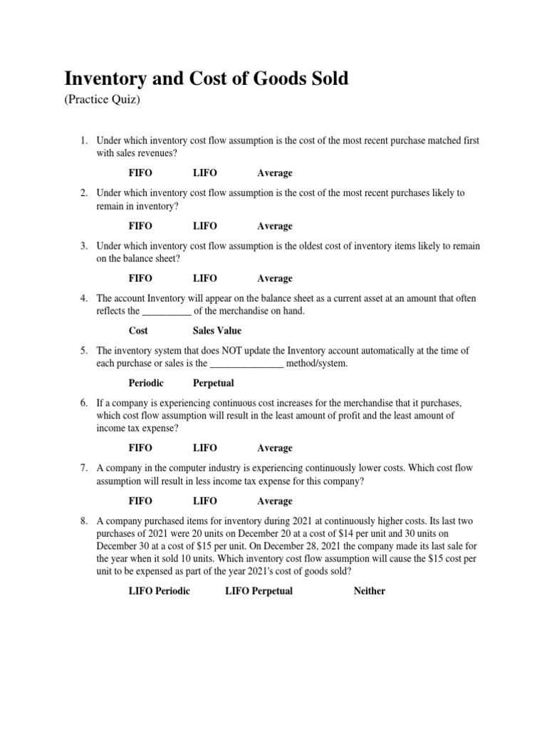 Inventory Cost Flow Assumptions Quiz | PDF | Cost Of Goods Sold | Inventory