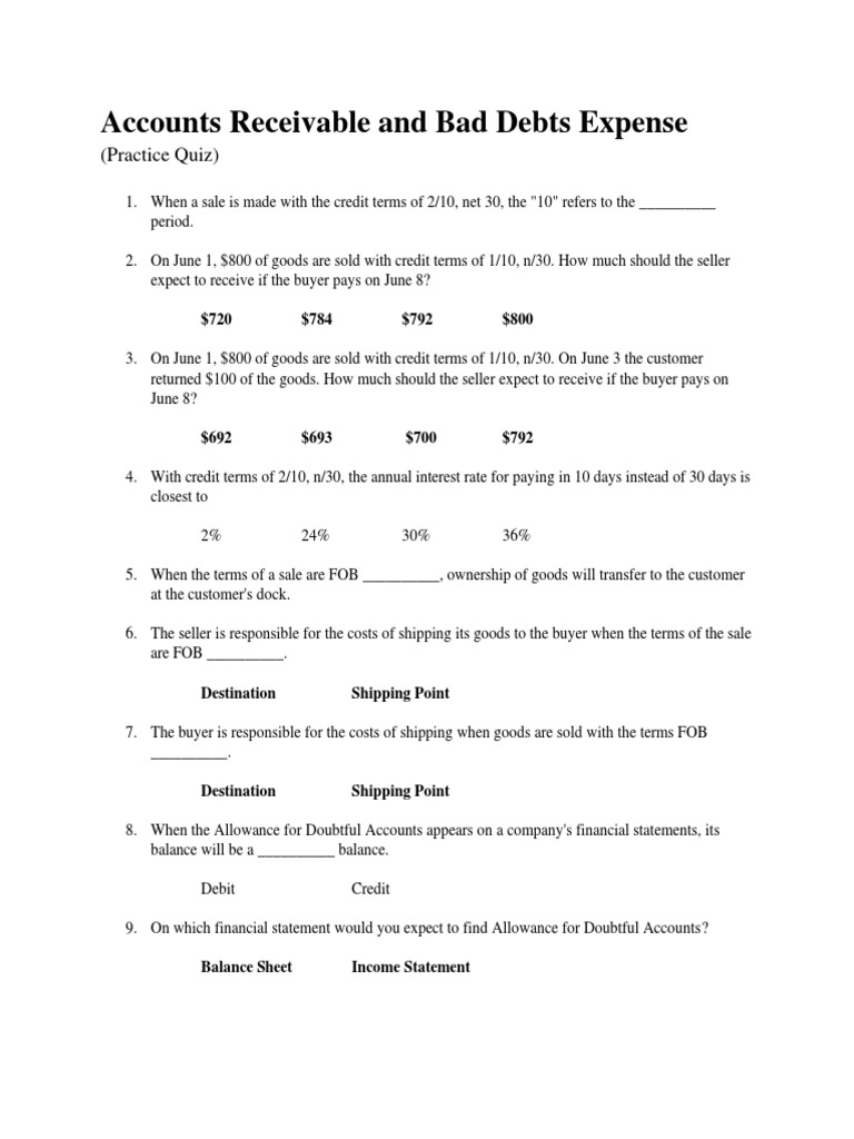 Accounts Receivable and Bad Debts Expense (Practice Quiz) | PDF ...