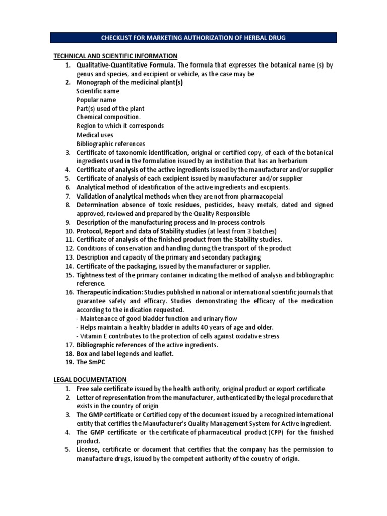 Checklist For Marketing Authorization of Herbal Drug | Download Free ...