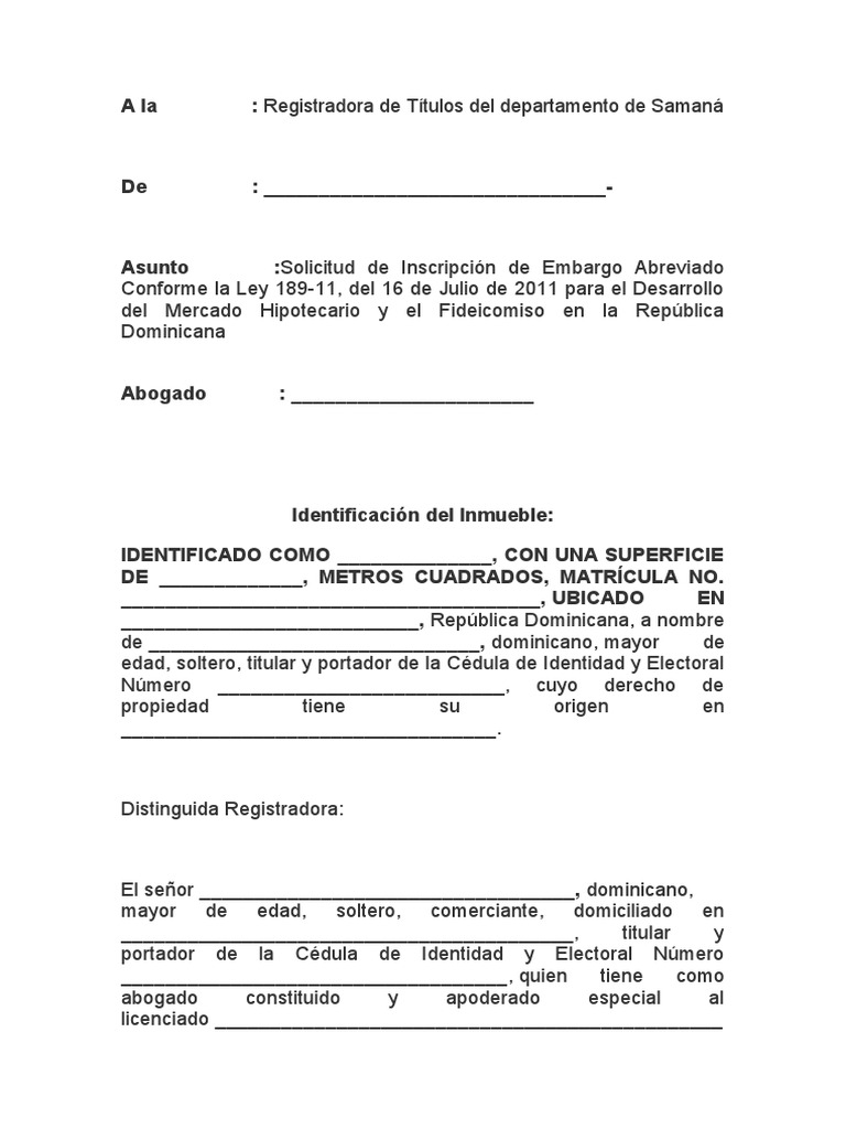 Solicitud de Embargo según Ley 189-11 | PDF | República Dominicana ...