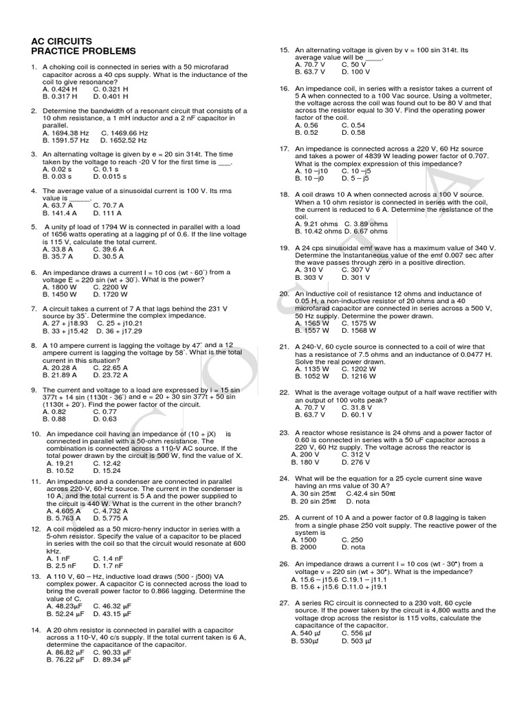 AC CIRCUITS Practice Problems | Download Free PDF | Electrical Impedance | Inductor