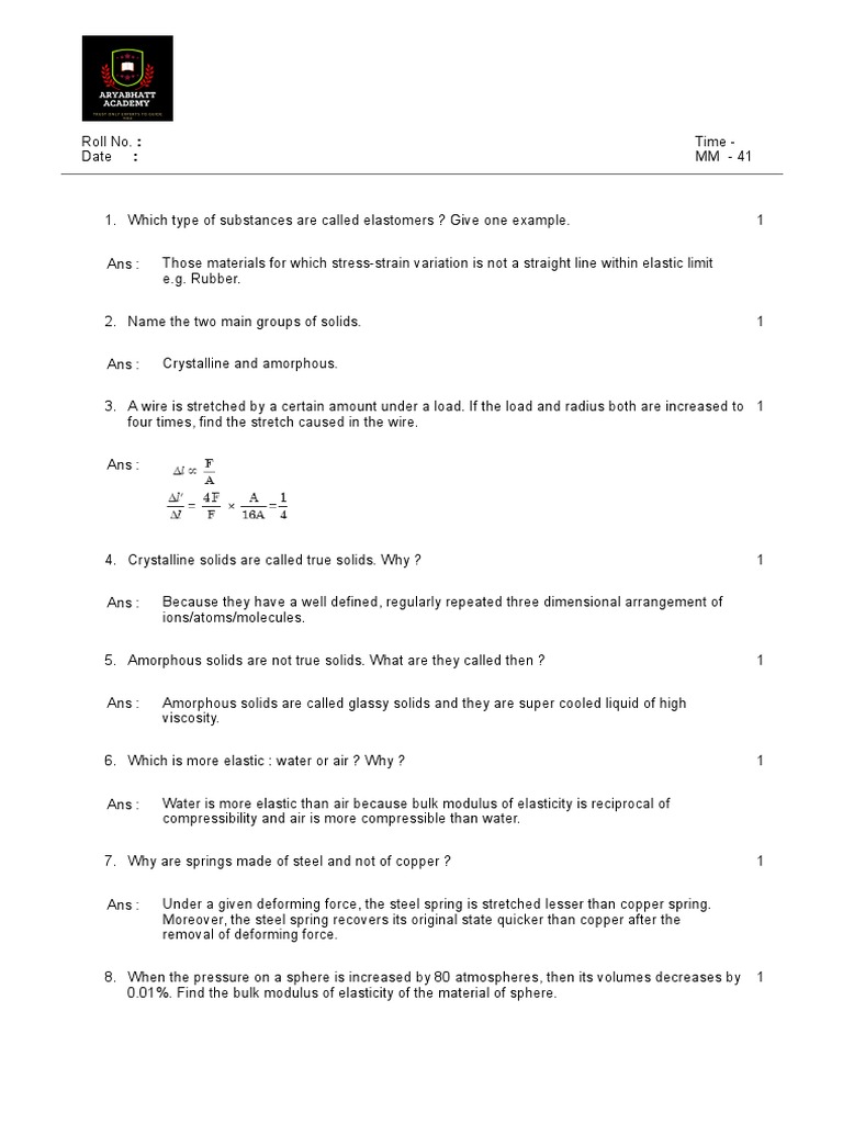 Elasticity Answers | PDF | Elasticity (Physics) | Deformation (Engineering)