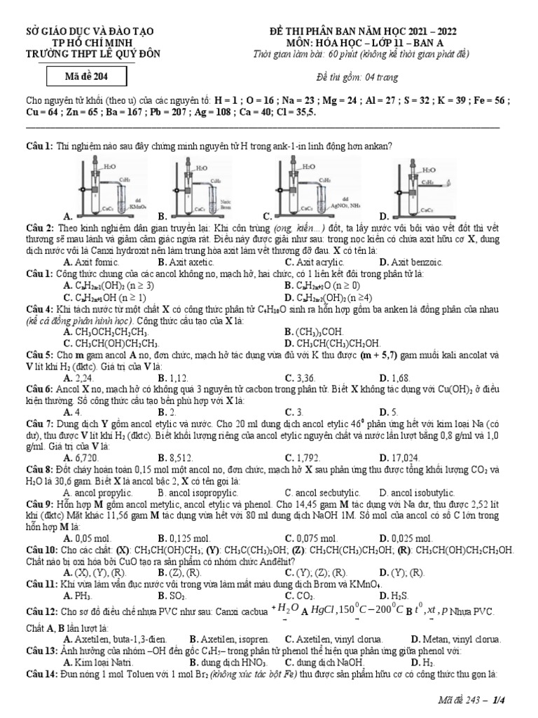 Đề Hóa k11 - 2022-2023 - ban A -mã 203 | PDF