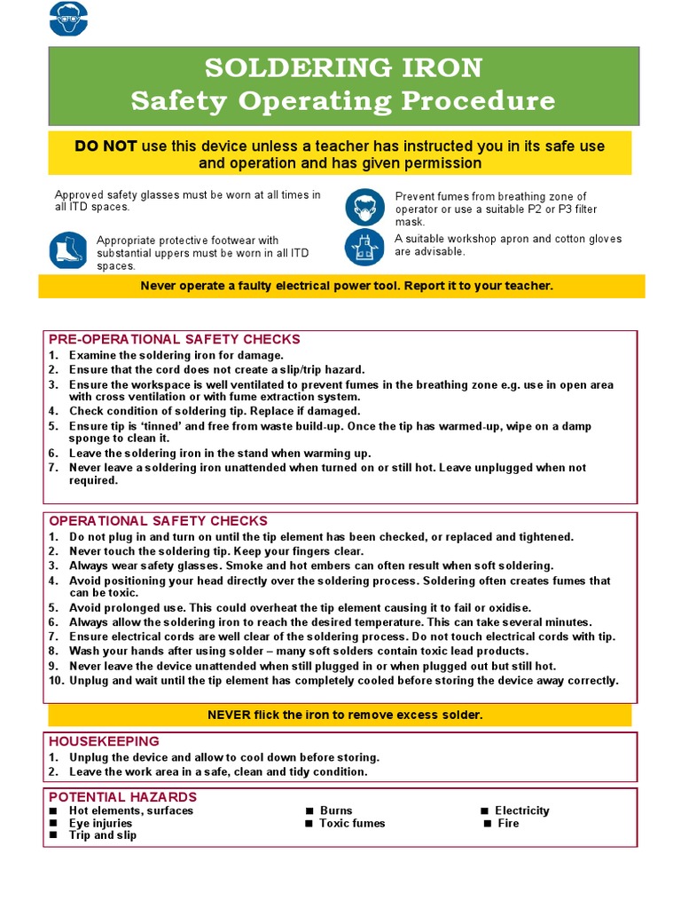 Safety Operating Procedure for Soldering Iron Use | PDF | Soldering ...