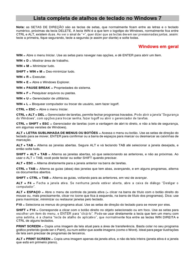 Lista Completa de Atalhos de Teclado No Windows 7 | PDF | Janela ...