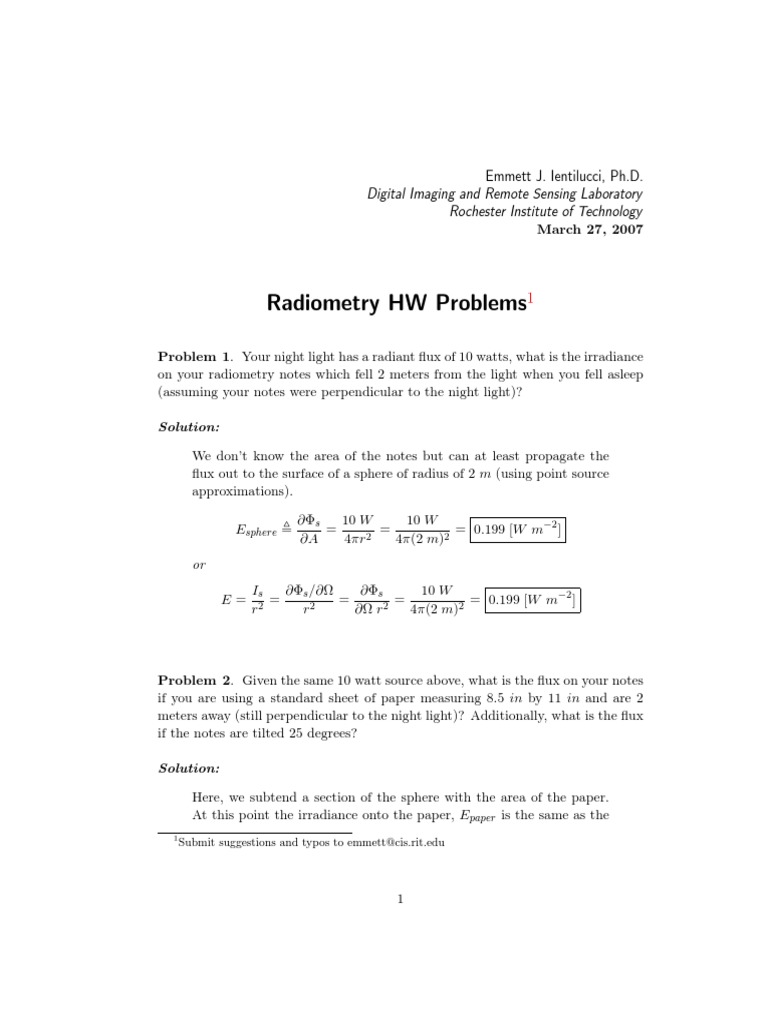 Radiometry Homework Solutions | PDF | Sphere | Electrodynamics