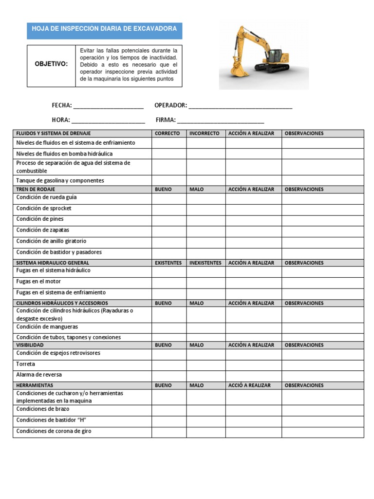 Check List Excavadora | PDF