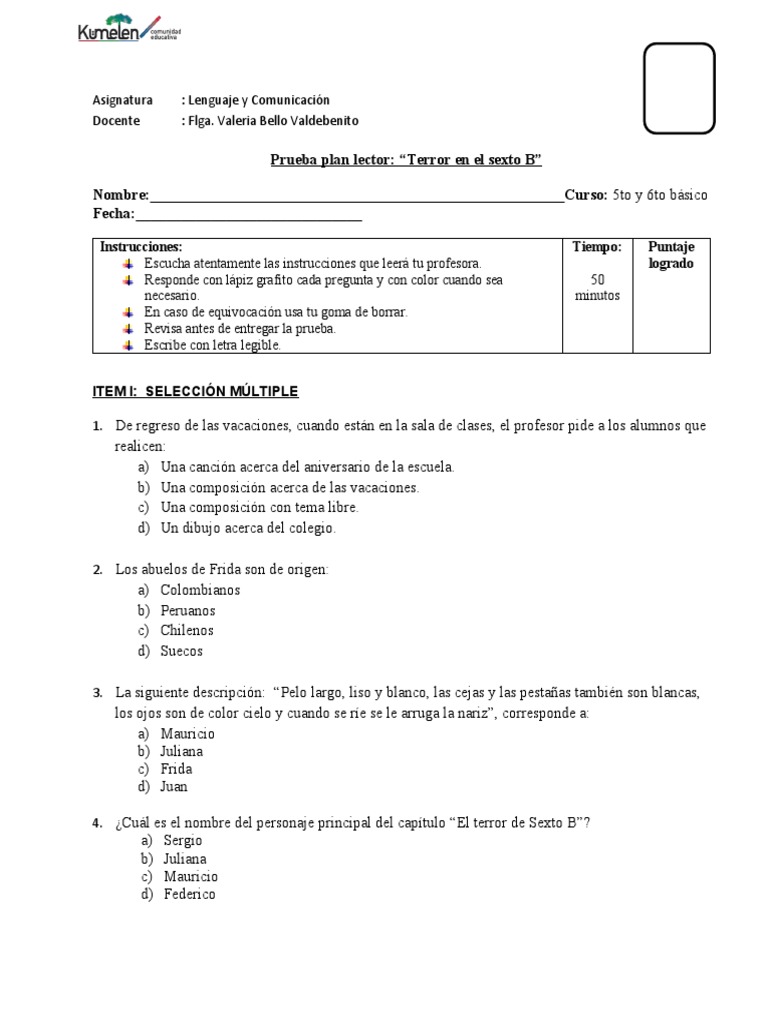 Prueba de Lectura: Sexto B | PDF