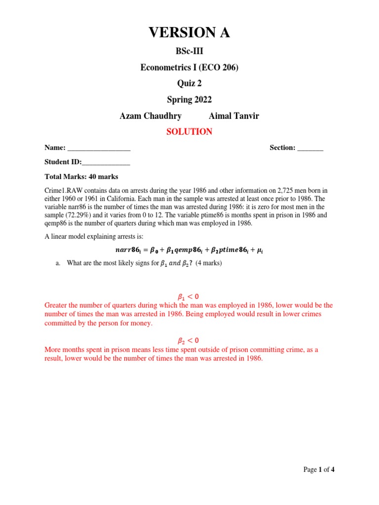 Econometrics I Quiz 2 Spring 2022 Pdf Regression Analysis Dependent And Independent Variables