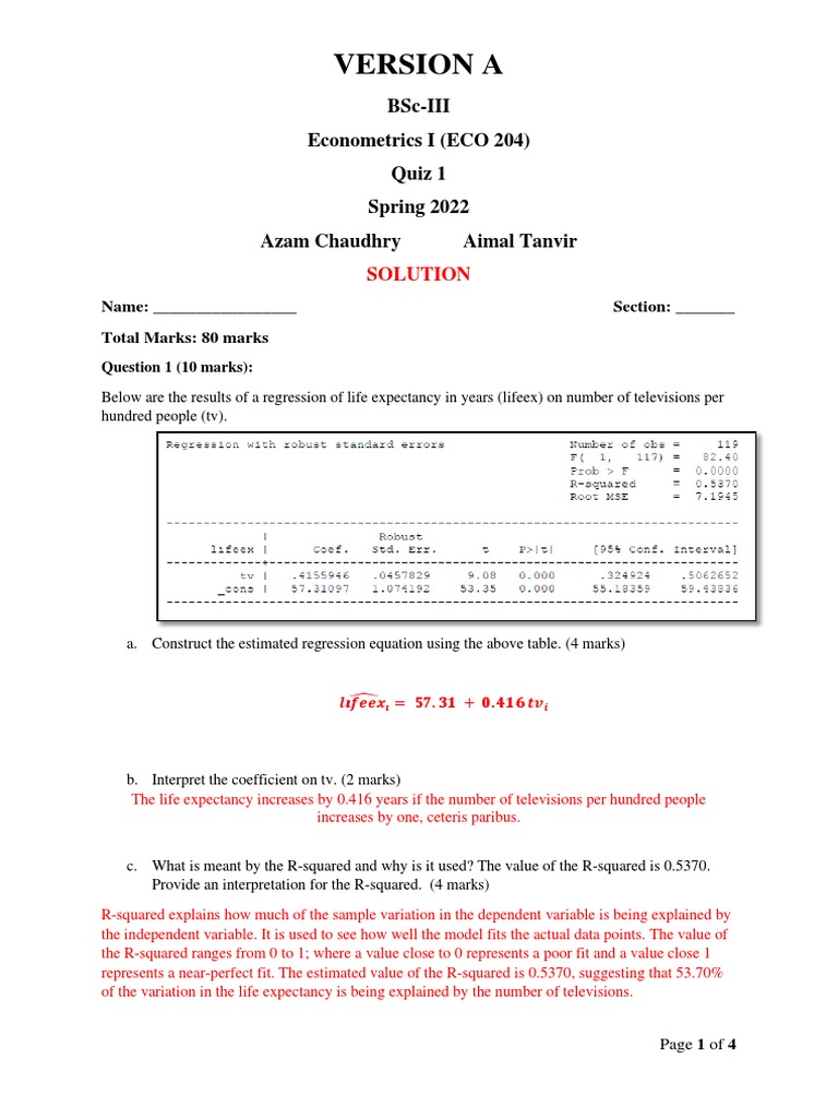 Econometrics I Quiz 1 Spring 2022 Pdf Coefficient Of Determination Regression Analysis