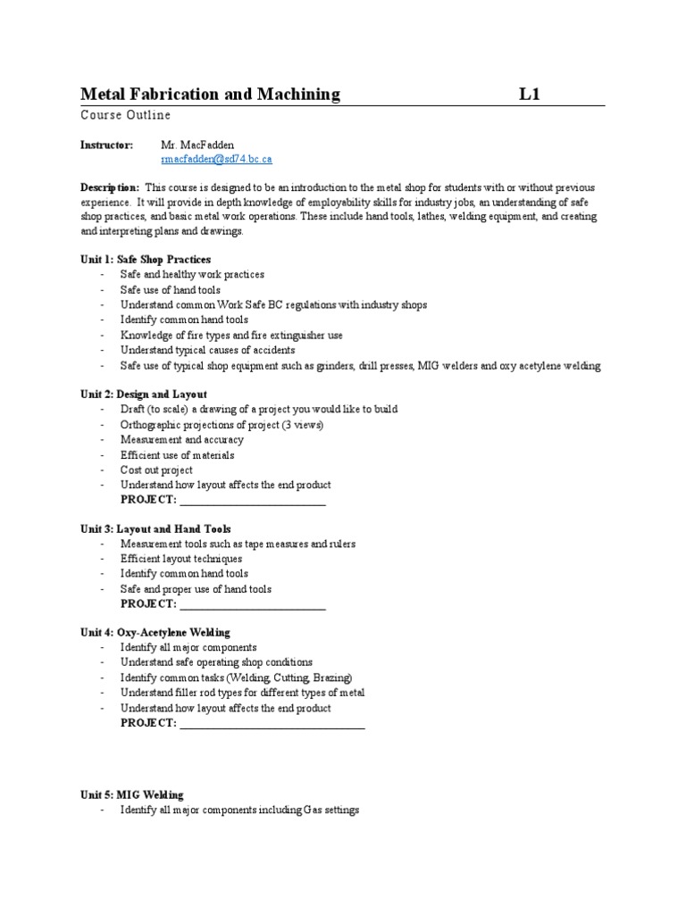 Metal Fabrication and Machining Course Outline l1 | PDF | Welding | Construction