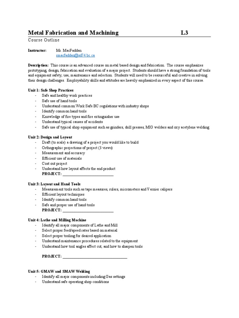 Metal Fabrication and Machining Course Outline l3 | PDF | Metal ...