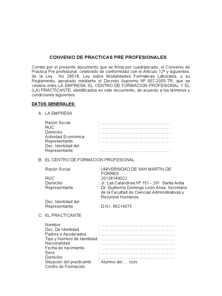 Modelo de Convenio Practicas Pre Profesionales 2018 | PDF | Seguro ...