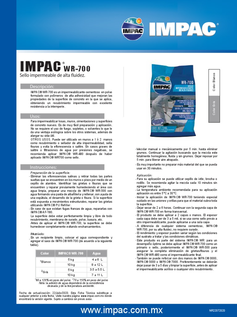 Impac WR 700 | PDF | Hormigón | Agua