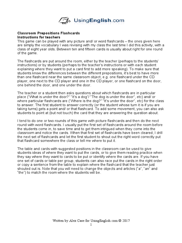 Classroom Prepositions Flashcards | PDF | Flashcard | Classroom