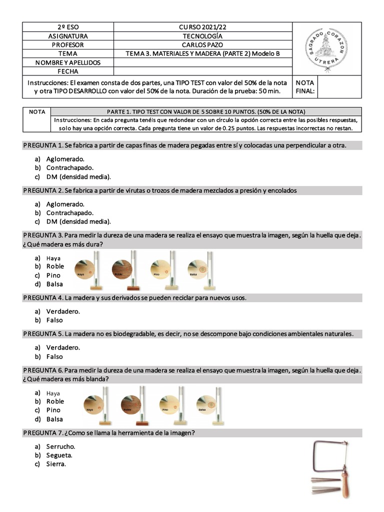 EXAMEN TEMA 3. MATERIALES Y MADERA (PARTE 2) Modelo B | PDF | Madera