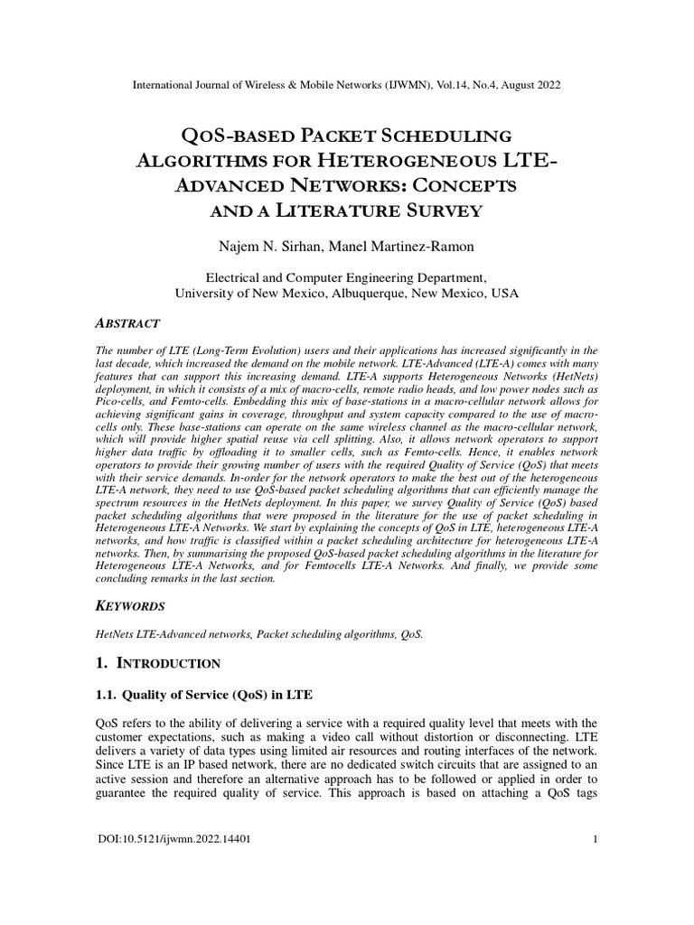 Qos Based Packet Scheduling Algorithms For Heterogeneous Lteadvanced Networks Concepts And A