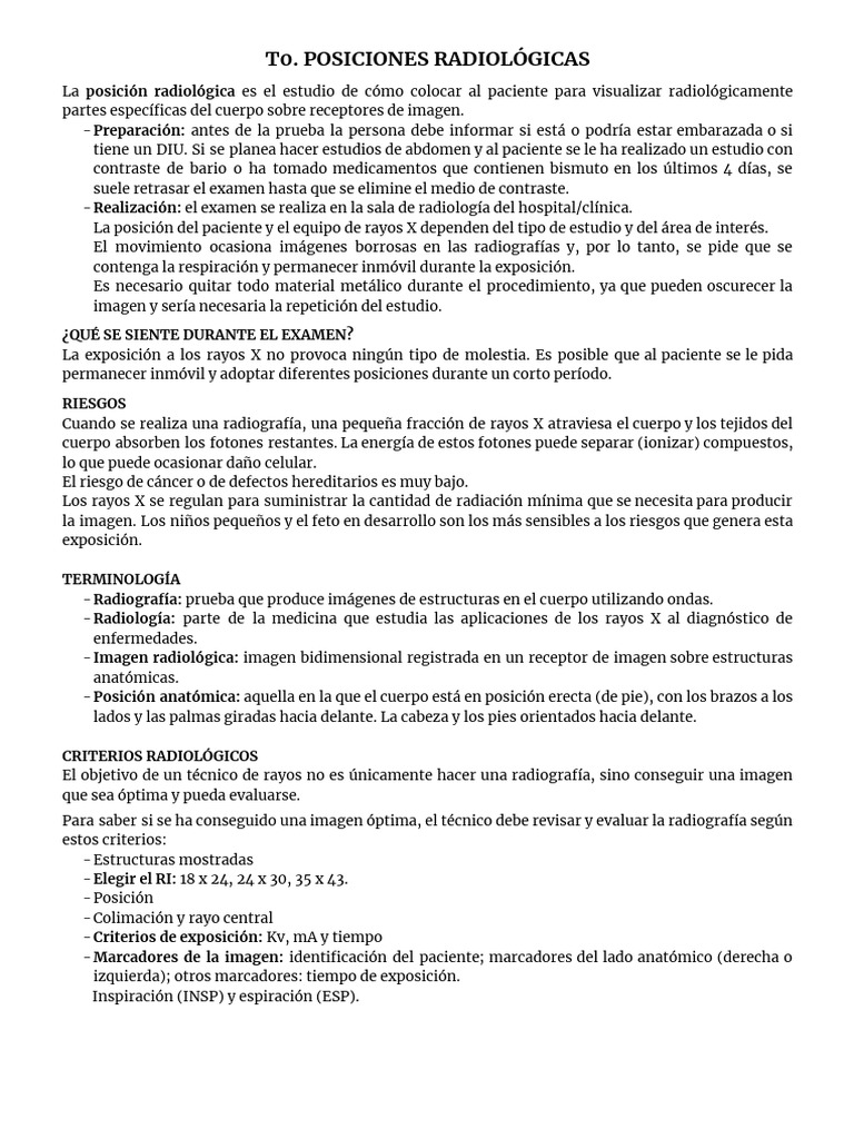T1. Posiciones Radiológicas | PDF | La columna vertebral | Rayo X