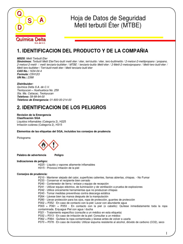 MTBE 082020 MSDS - pdf2018-12-11 19 45 14 SyP Sga | PDF | Agua | Combustión